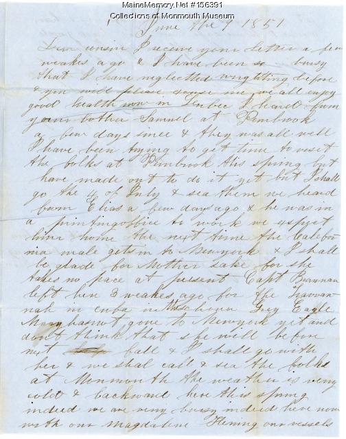 Letter from Jabez M. Pike to his cousin Martha J. Marston, Monmouth ...