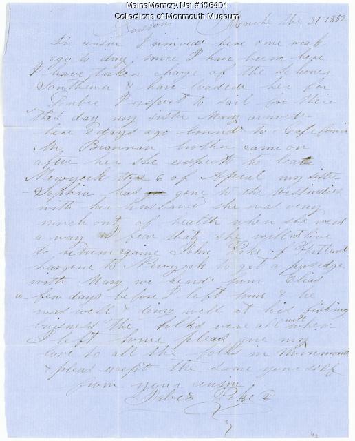 Letter from Jabez M. Pike to his cousin Martha J. Marston, Monmouth ...