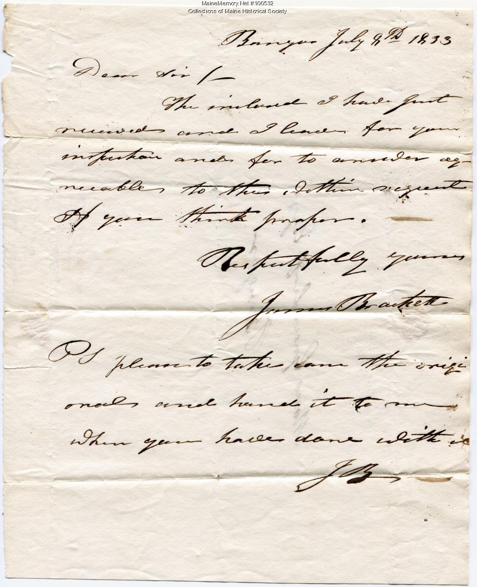 James Brackett note to Moses Greenleaf on slate vein, Bangor, 1833 ...