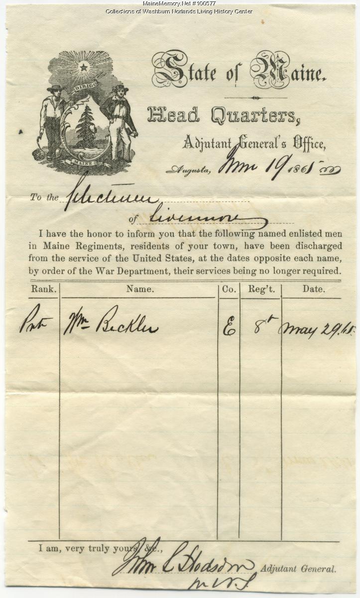 William Beckler's discharge document, Augusta, 1865 - Maine Memory Network
