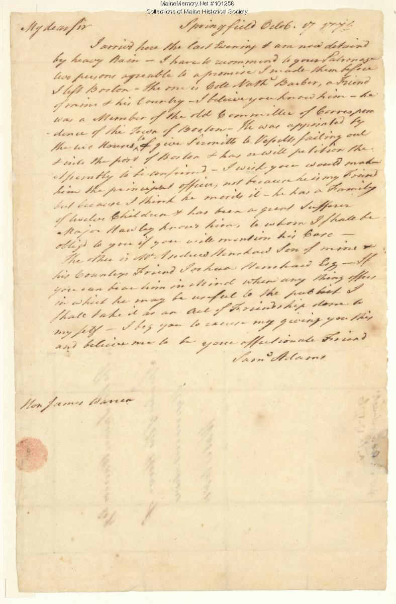 Samuel Adams to James Warren, Springfield, Massachusetts, 1776 - Maine ...