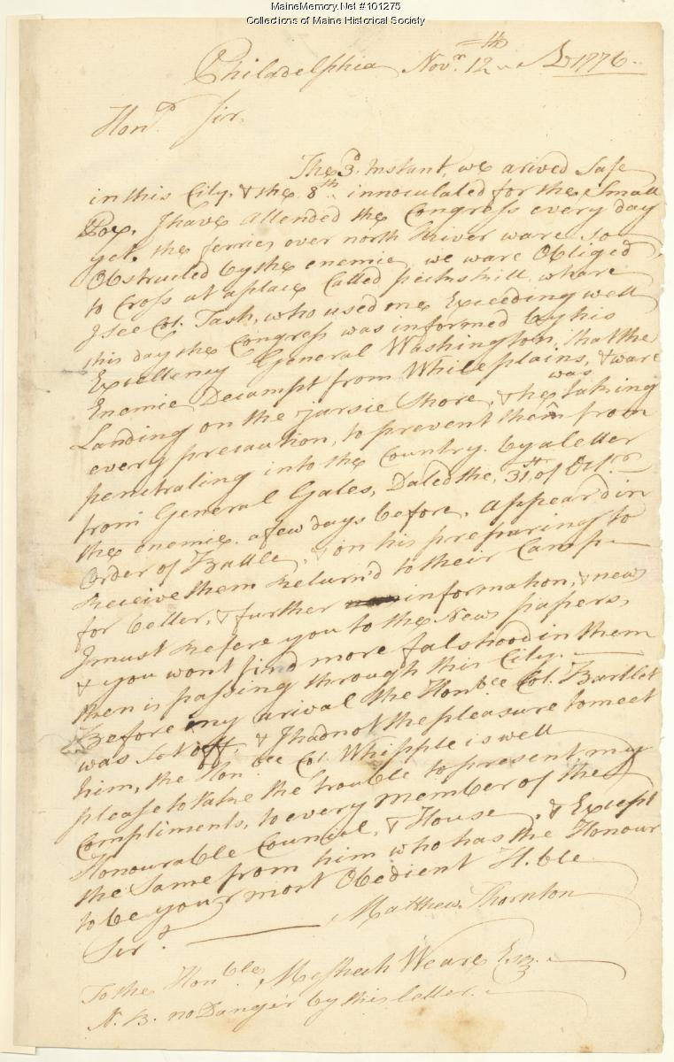 Matthew Thornton on congressional activity, Philadelphia, 1776 - Maine ...