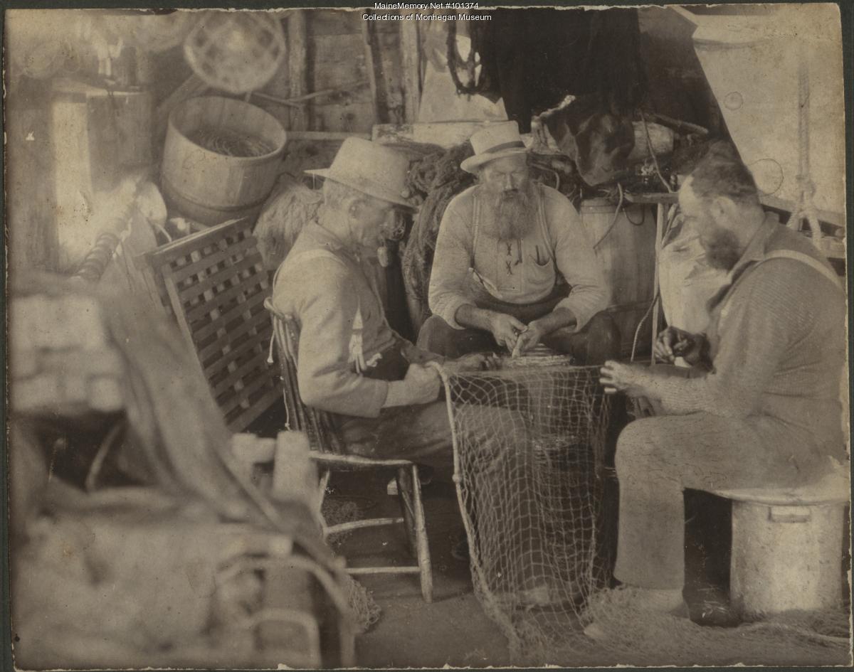 Mending nets at the Horn fish house, Monhegan, ca. 1880 - Maine Memory ...