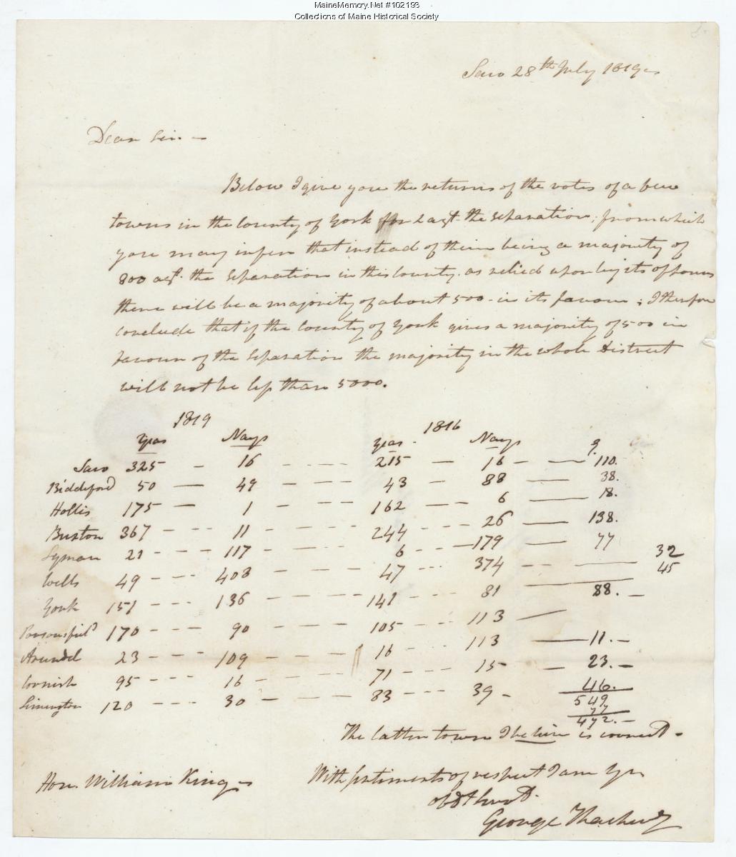 George Thacher to William King regarding a vote for statehood, Saco ...