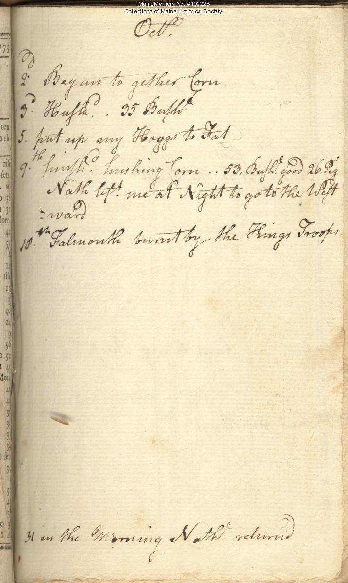 "Falmouth burnt by the Kings troops" journal entry, Falmouth Neck, 1775 ...