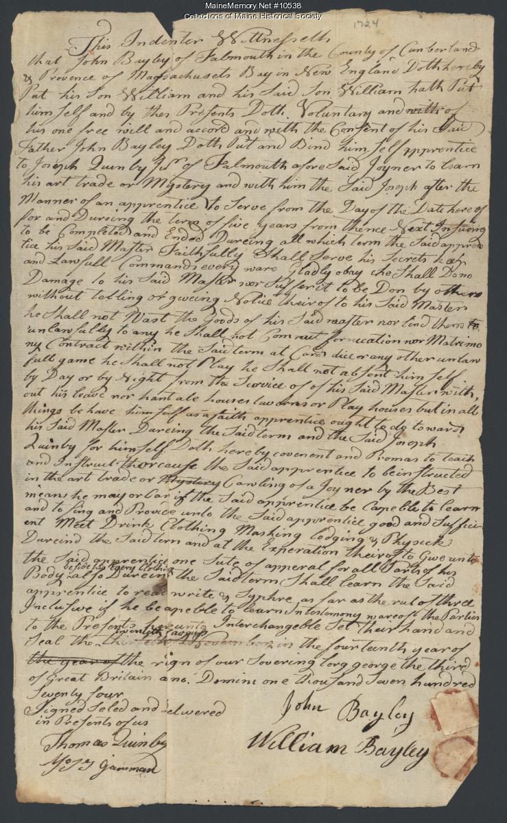 Indenture agreement, William Bayley to Joseph Quimby, 1774 - Maine ...