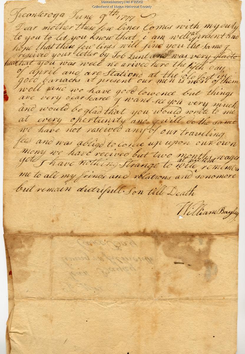 William Bayley to mother, June 9, 1777 - Maine Memory Network