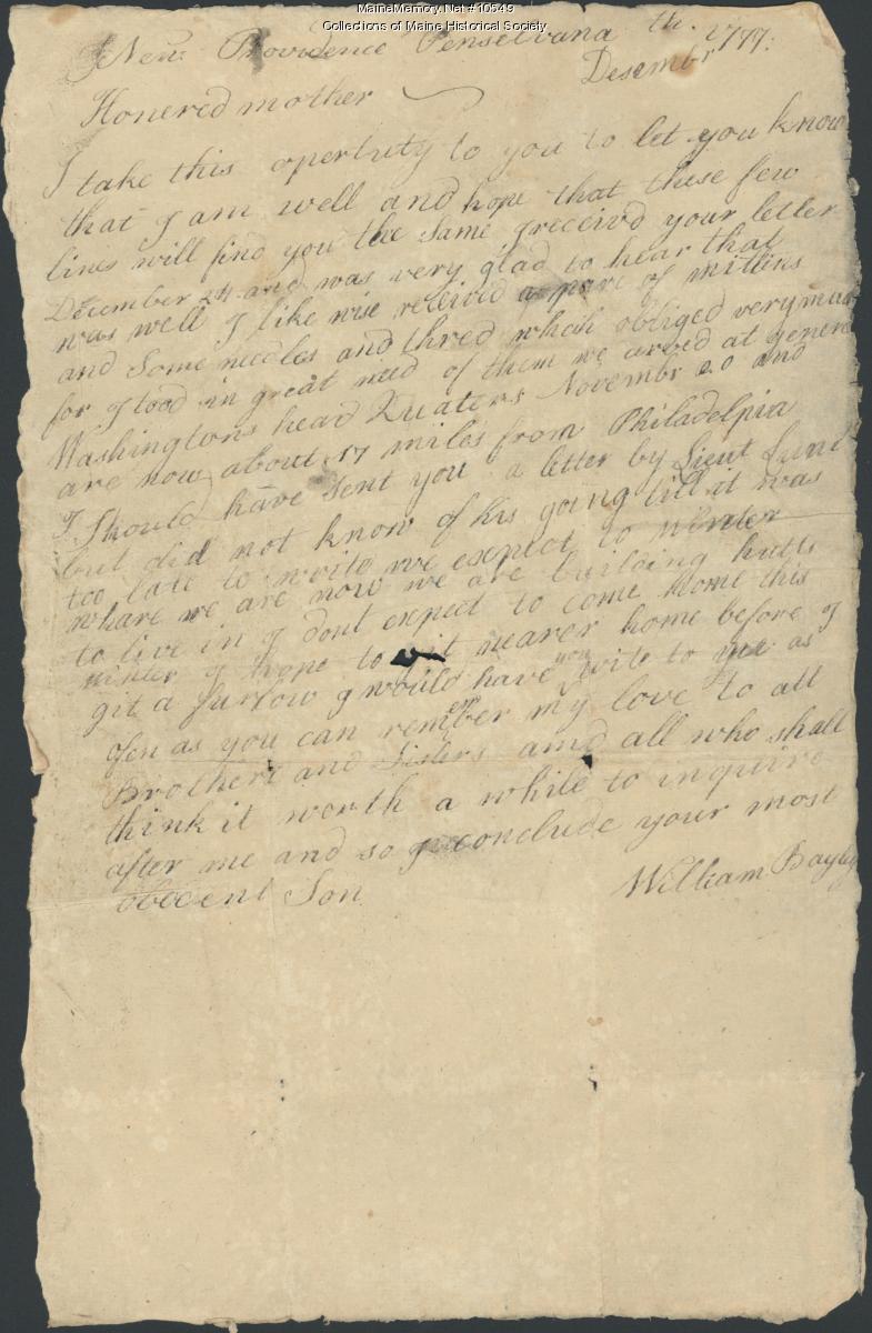 William Bayley to mother, December 1777 - Maine Memory Network
