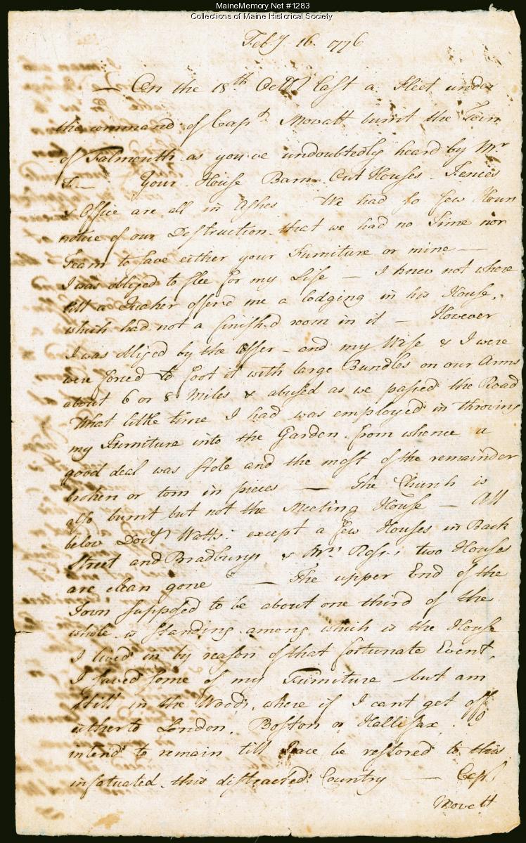 Letter describing burning of Falmouth, 1775 - Maine Memory Network