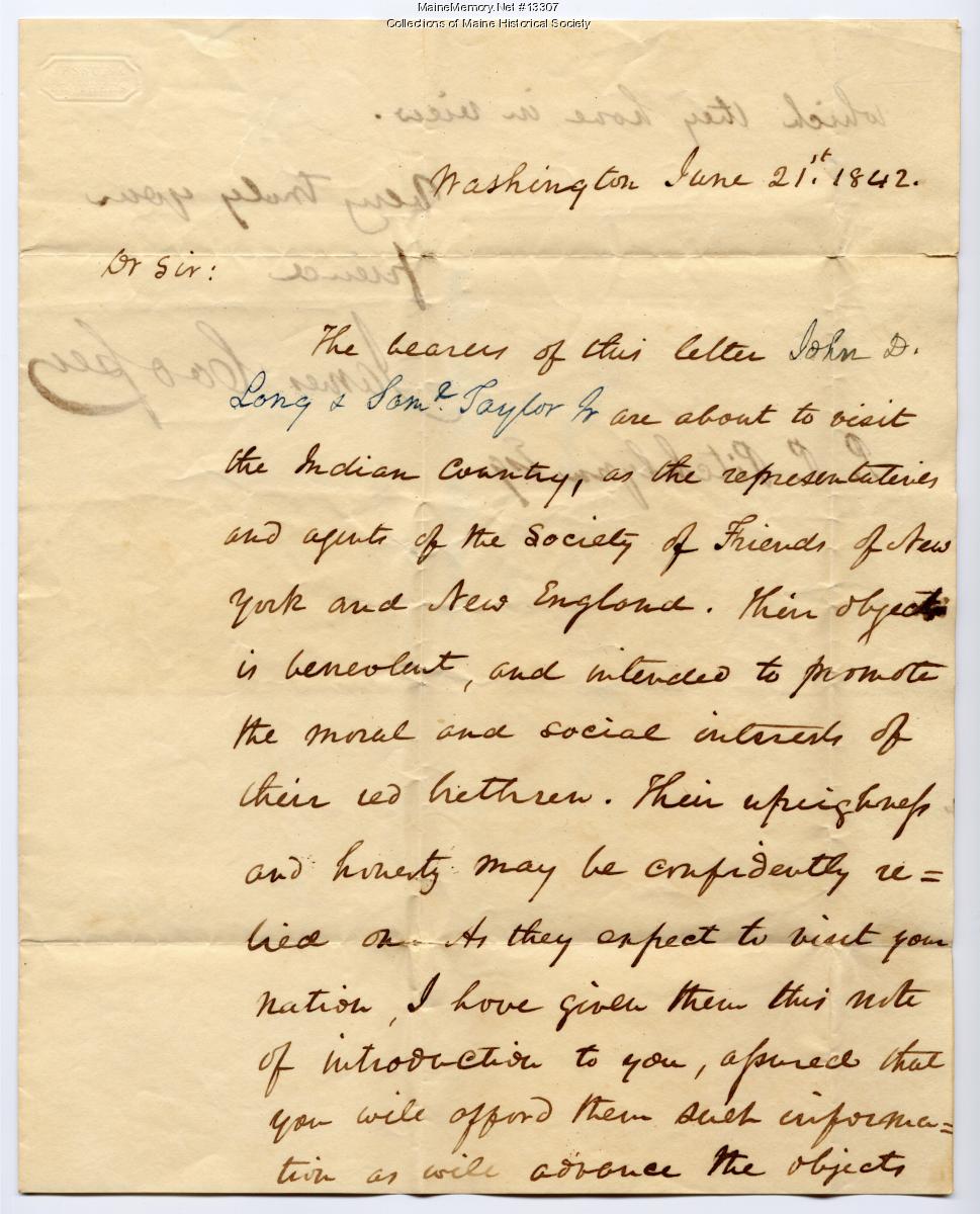 Letter of Introduction to Choctaw Nation, 1842 - Maine Memory Network