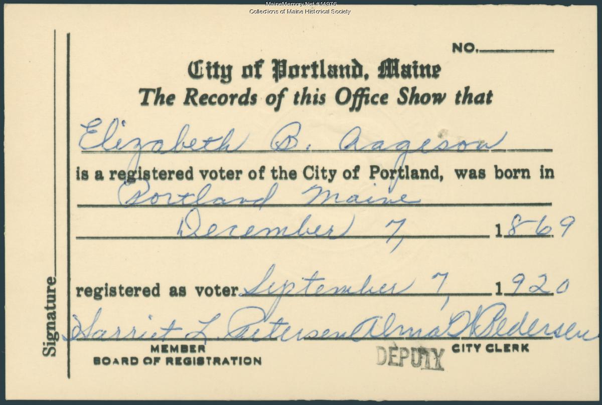 Elizabeth Aageson voter card, 1920 - Maine Memory Network