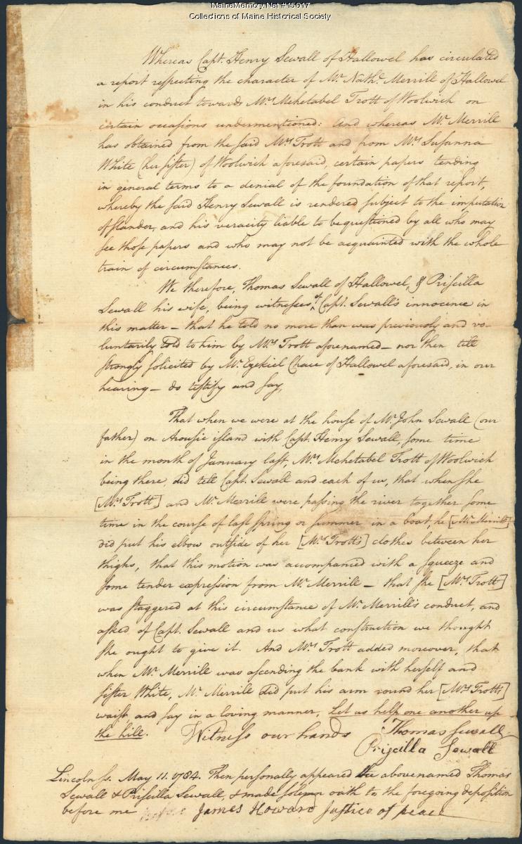 Affidavit concerning Henry Sewall, 1784 - Maine Memory Network