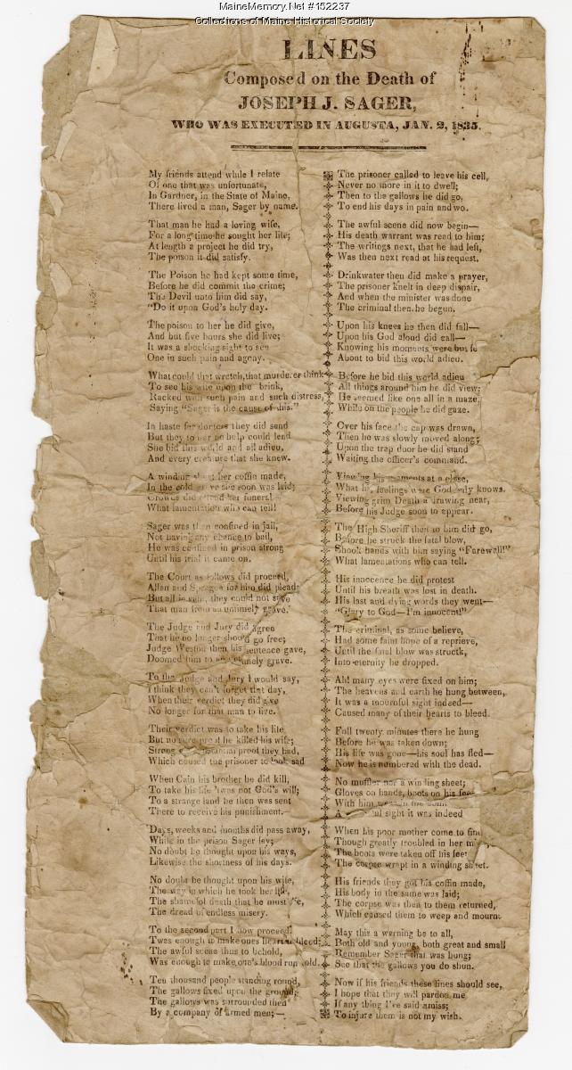 “Lines Composed on the Death of Joseph J. Sager,” ca. 1835 - Maine ...