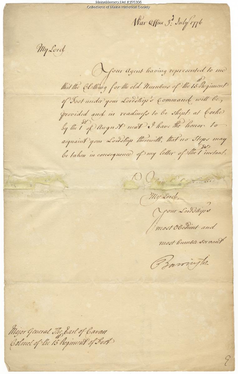 Viscount Barrington letter to Major-General Lambart, 1776 - Maine ...