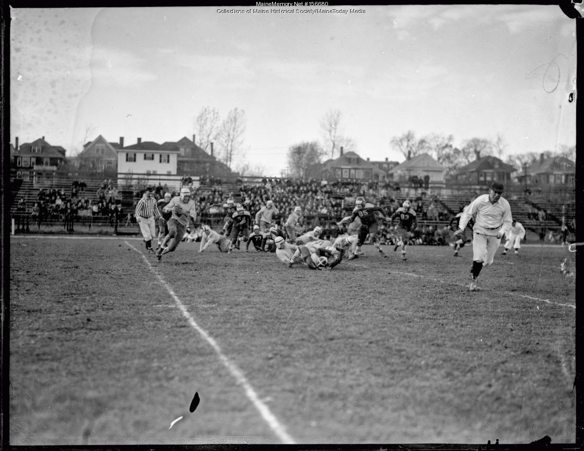 Two teams playing football, Portland, ca. 1935 - Maine Memory Network