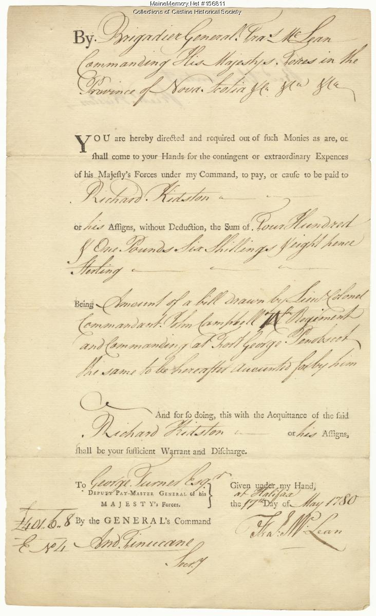 Invoice from Brigadier General Francis McLean to Deputy Pay-Master ...