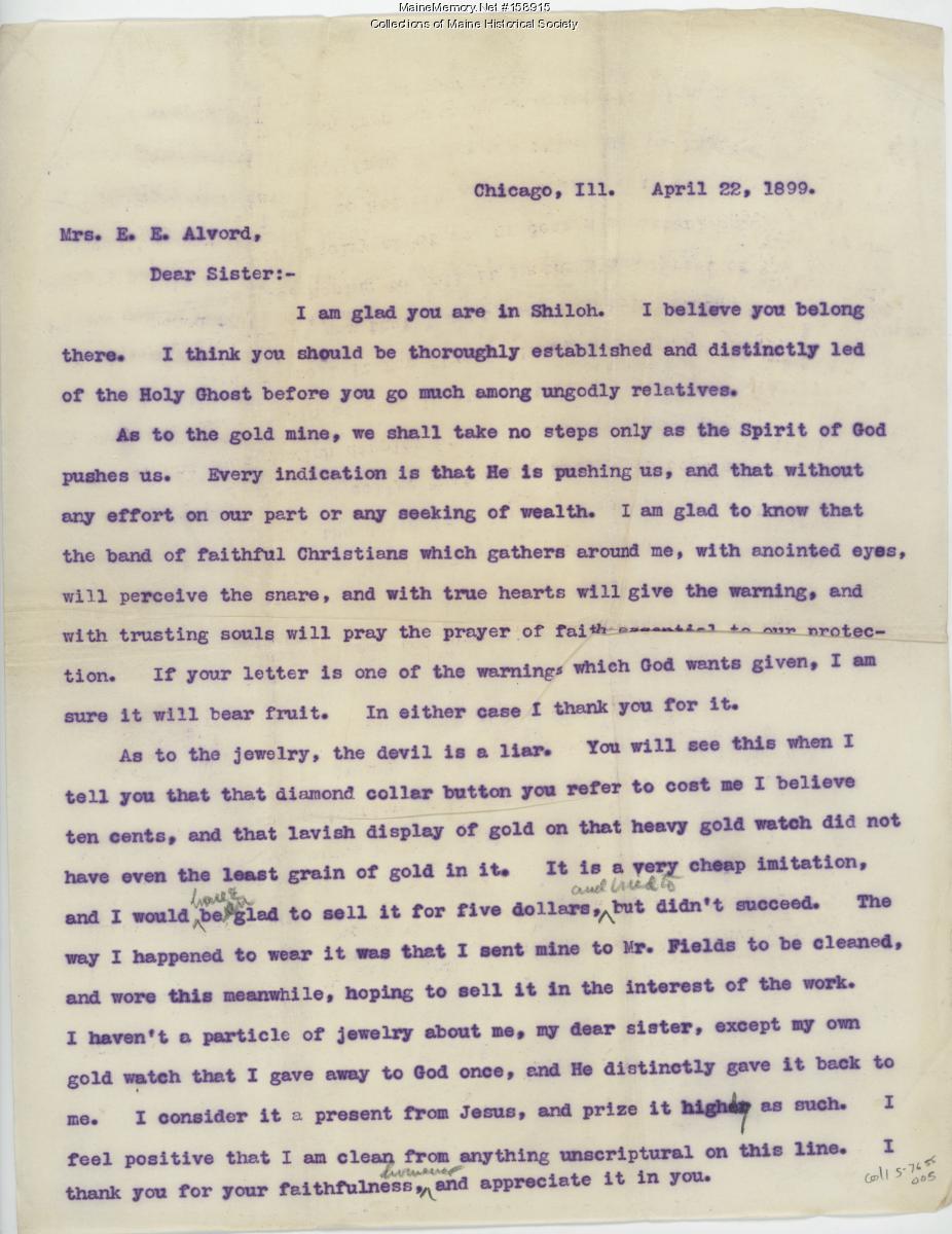 Letter from Frank W. Sandford to Mrs. Emma Alvord, Chicago, 1899 ...
