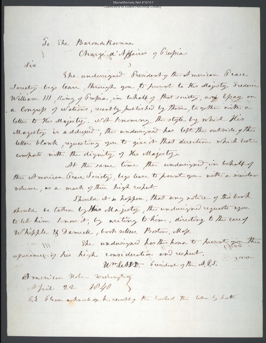 Letter from William Ladd to the Baron de Roenne, 1840 - Maine Memory ...