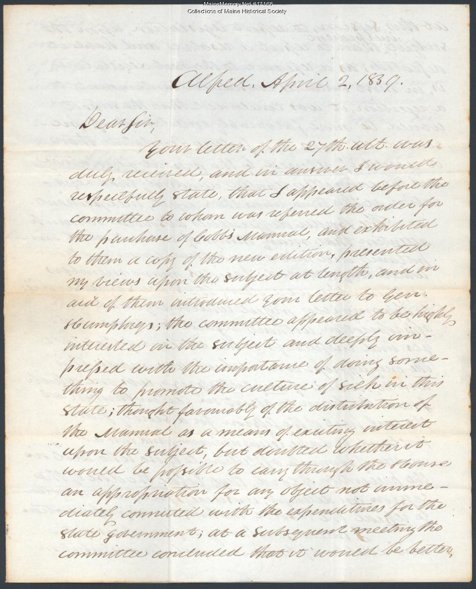 William C. Allen letter to Parker Cleaveland, 1839 - Maine Memory Network