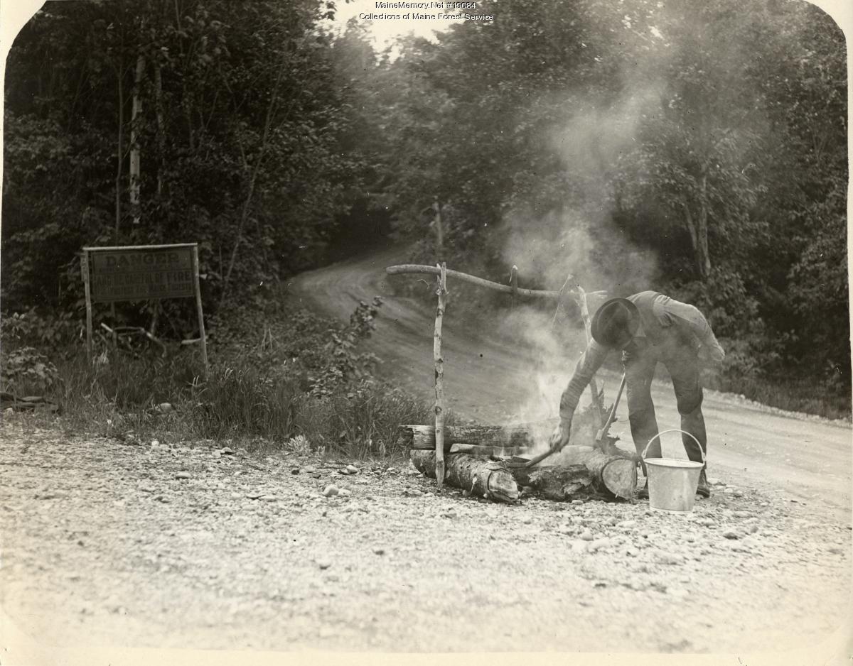 Roadside camp fire, ca. 1930 - Maine Memory Network