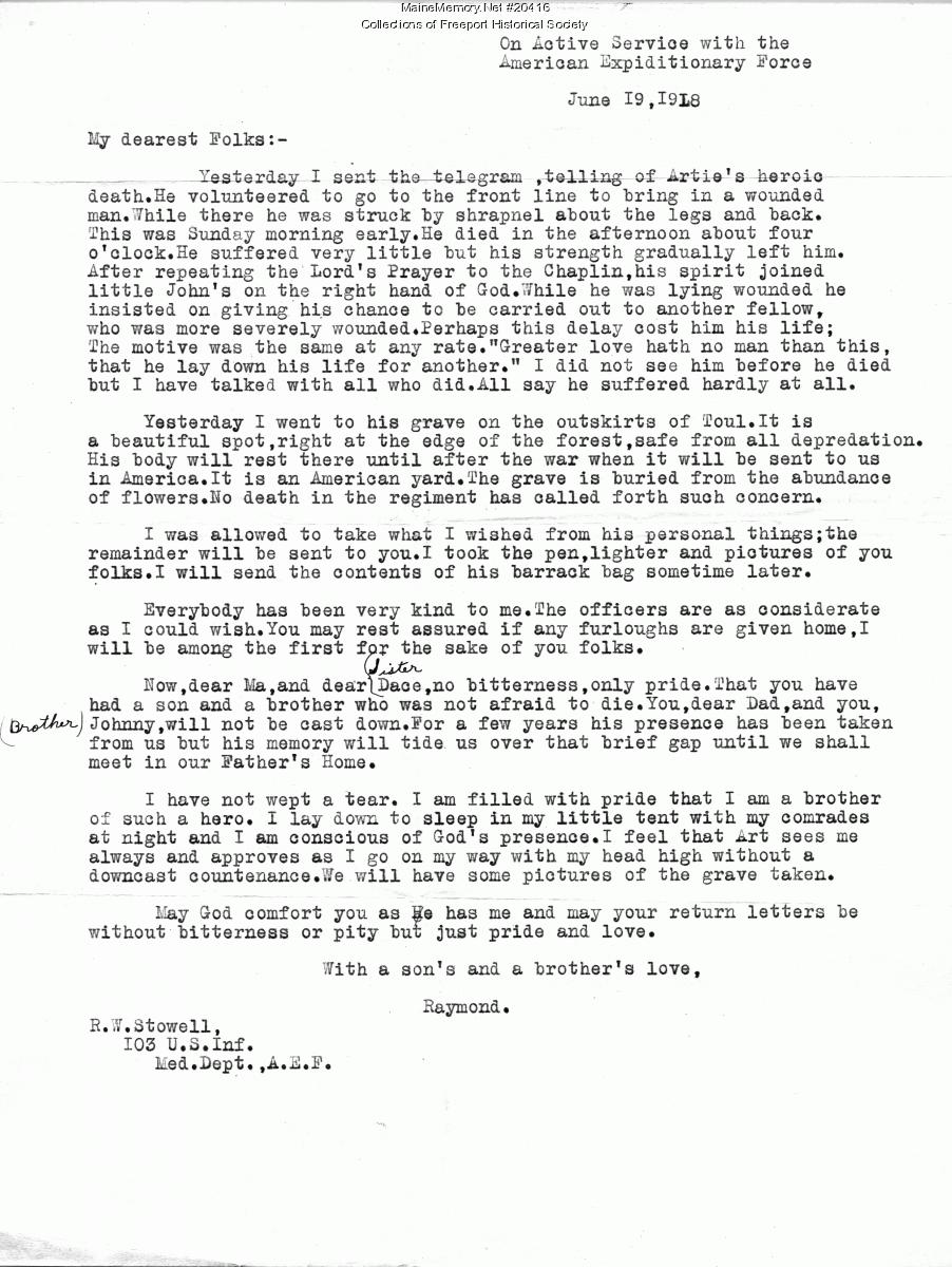 Raymond Wheeler Stowell letter to parents, 1918 - Maine Memory Network