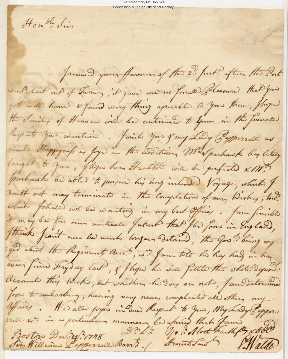 Samuel Waldo to William Pepperrell, 1748 - Maine Memory Network