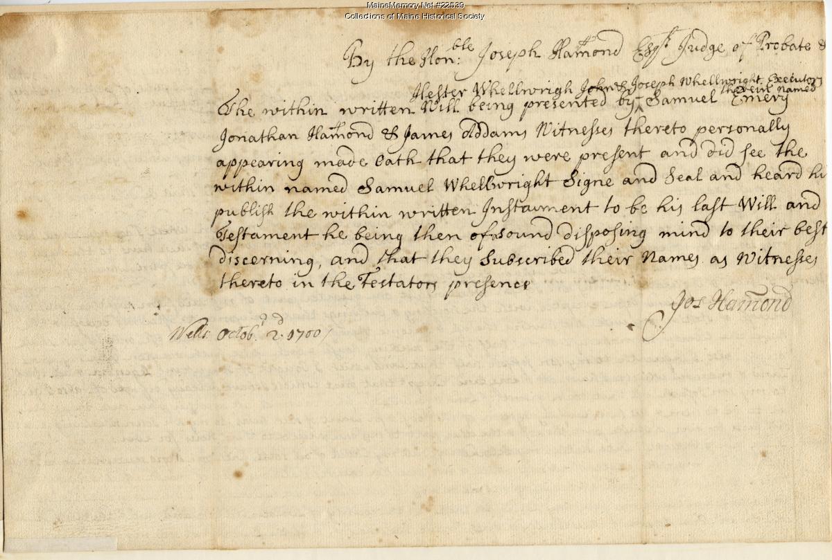 Samuel Wheelwright will, Wells, 1700 - Maine Memory Network