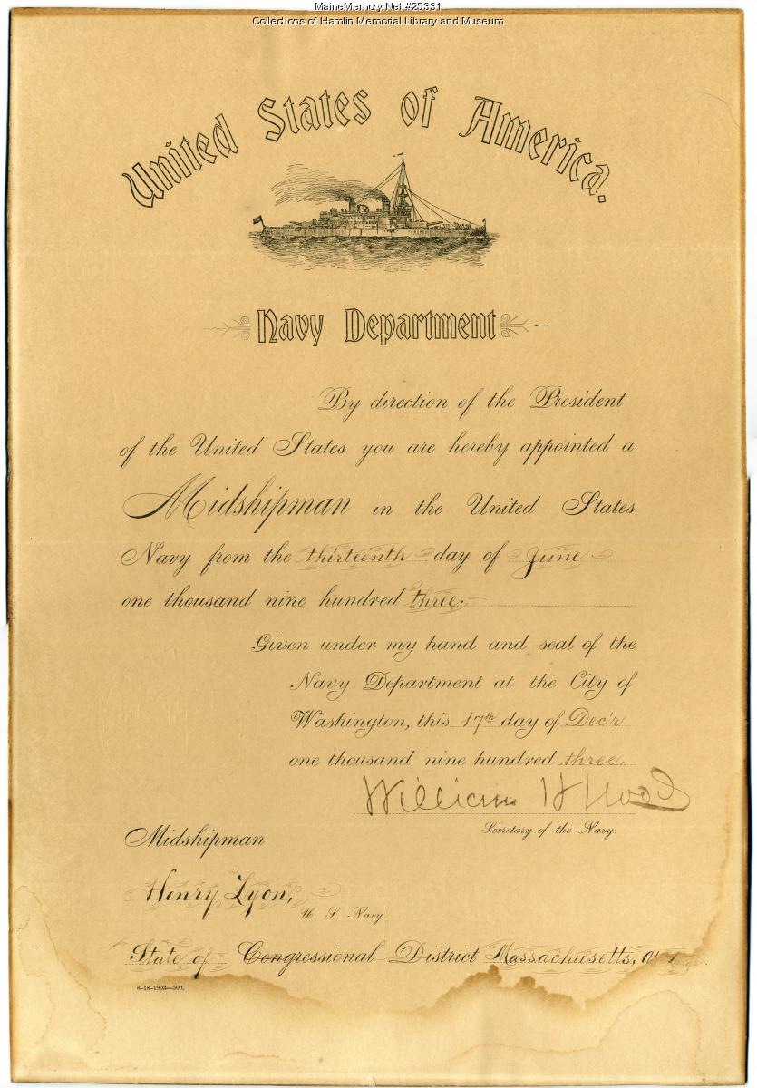 Henry W. Lyon Jr. appointment to Naval Academy, 1903 - Maine Memory Network