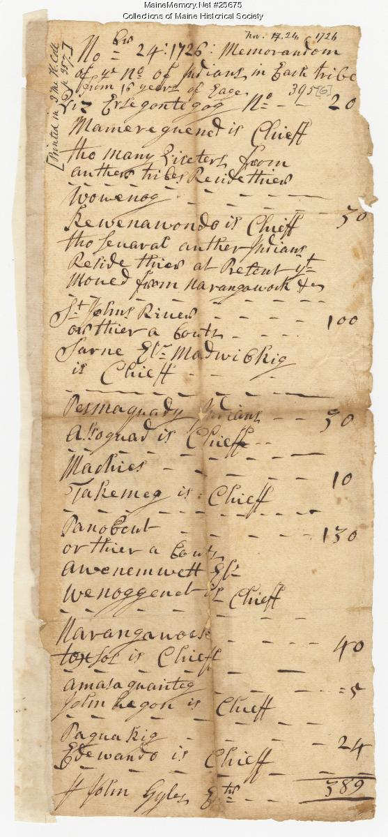 List of tribes and chiefs, 1726 - Maine Memory Network
