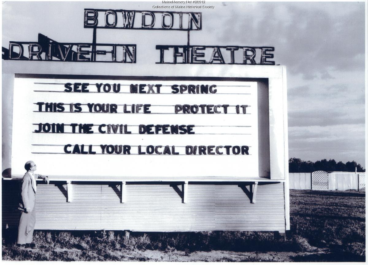 Drive-in Civil Defense sign, Brunswick, ca. 1957 - Maine Memory Network