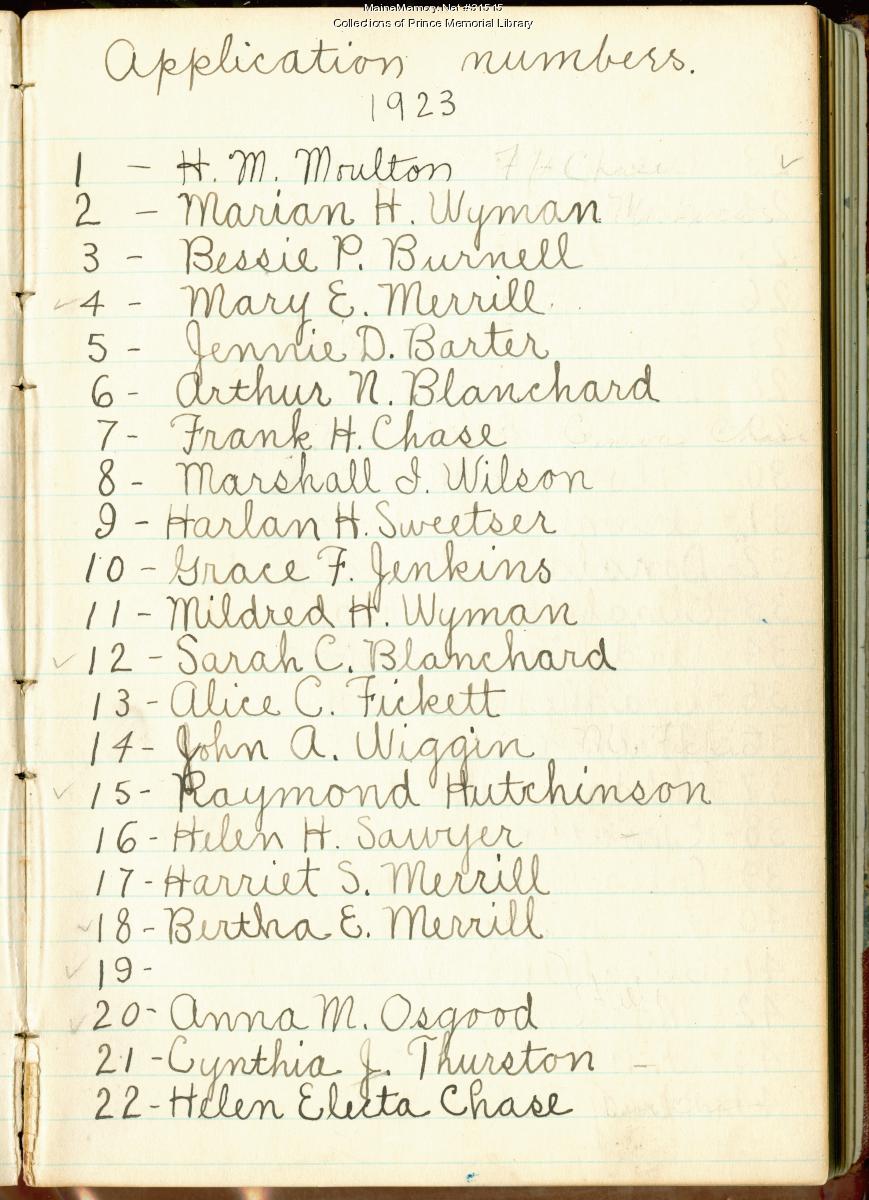 Prince Memorial Library, Cumberland, first registration book, 1923 ...