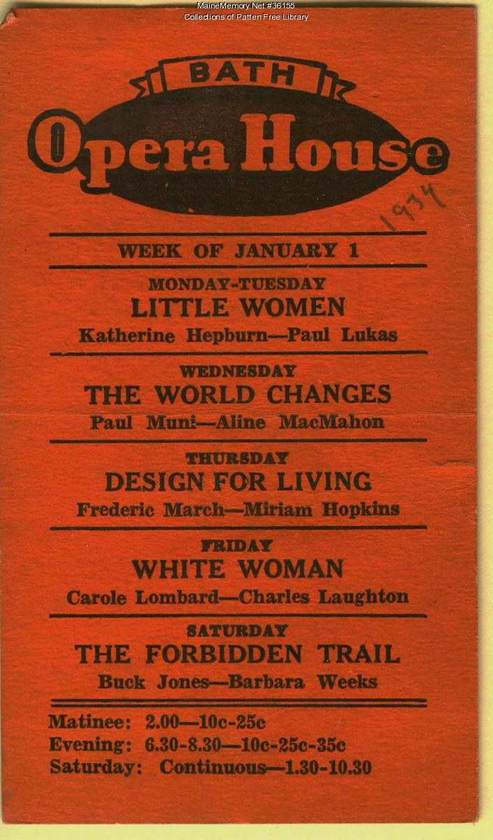 Bath Opera House advertisement, Jan. 1, 1934 - Maine Memory Network