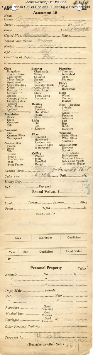 Assessor's Record, 601 Congress Street, Portland, 1924 - Maine Memory ...