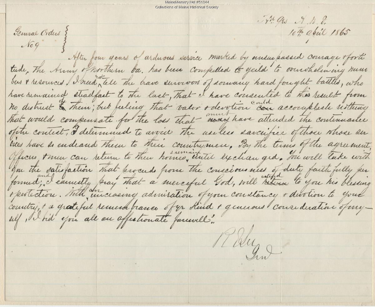Robert E. Lee surrender order, 1865 - Maine Memory Network