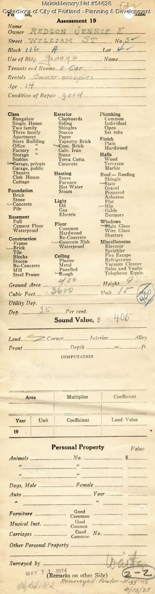 Assessor's Record, 3 William Street, Portland, 1924 - Maine Memory Network