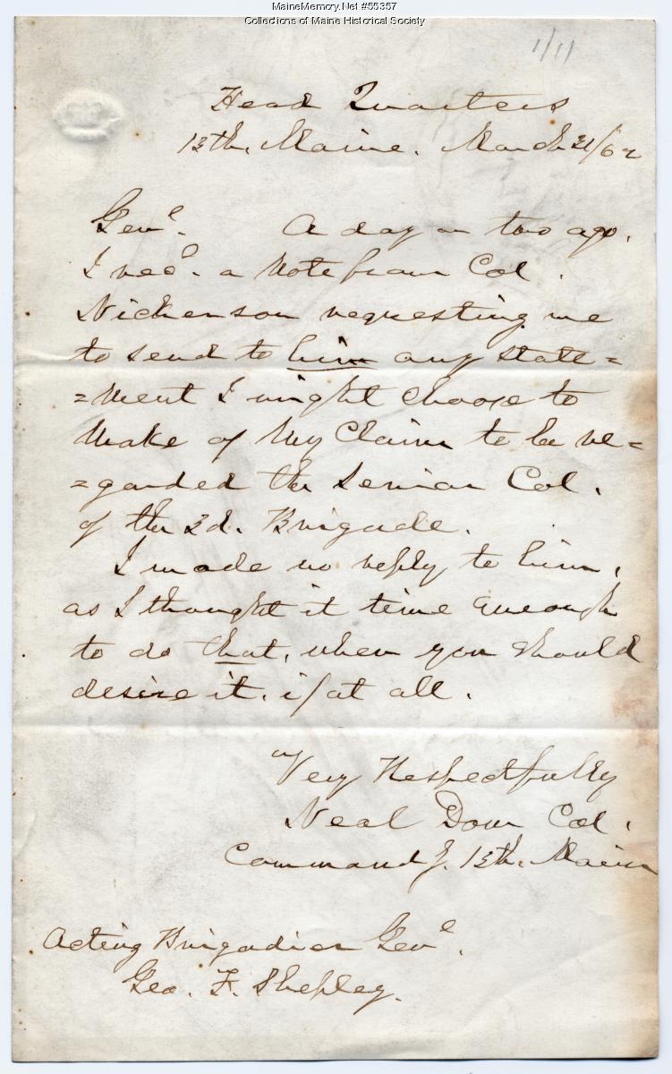 Neal Dow to George F. Shepley, 1862 - Maine Memory Network
