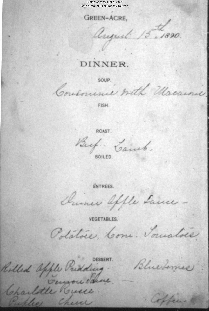 Green Acre menu, Eliot, 1890 - Maine Memory Network