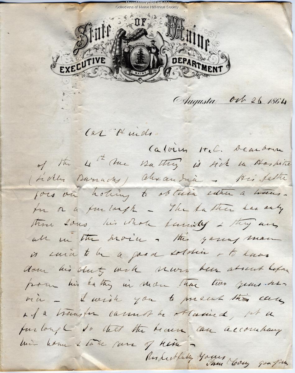 Gov. Cony letter about sick soldier, Augusta, 1864 - Maine Memory Network