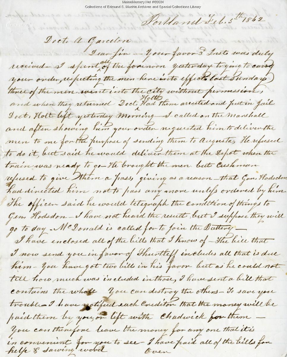 Nathaniel French to Alonzo Garcelon on Portland hospital, 1862 - Maine ...