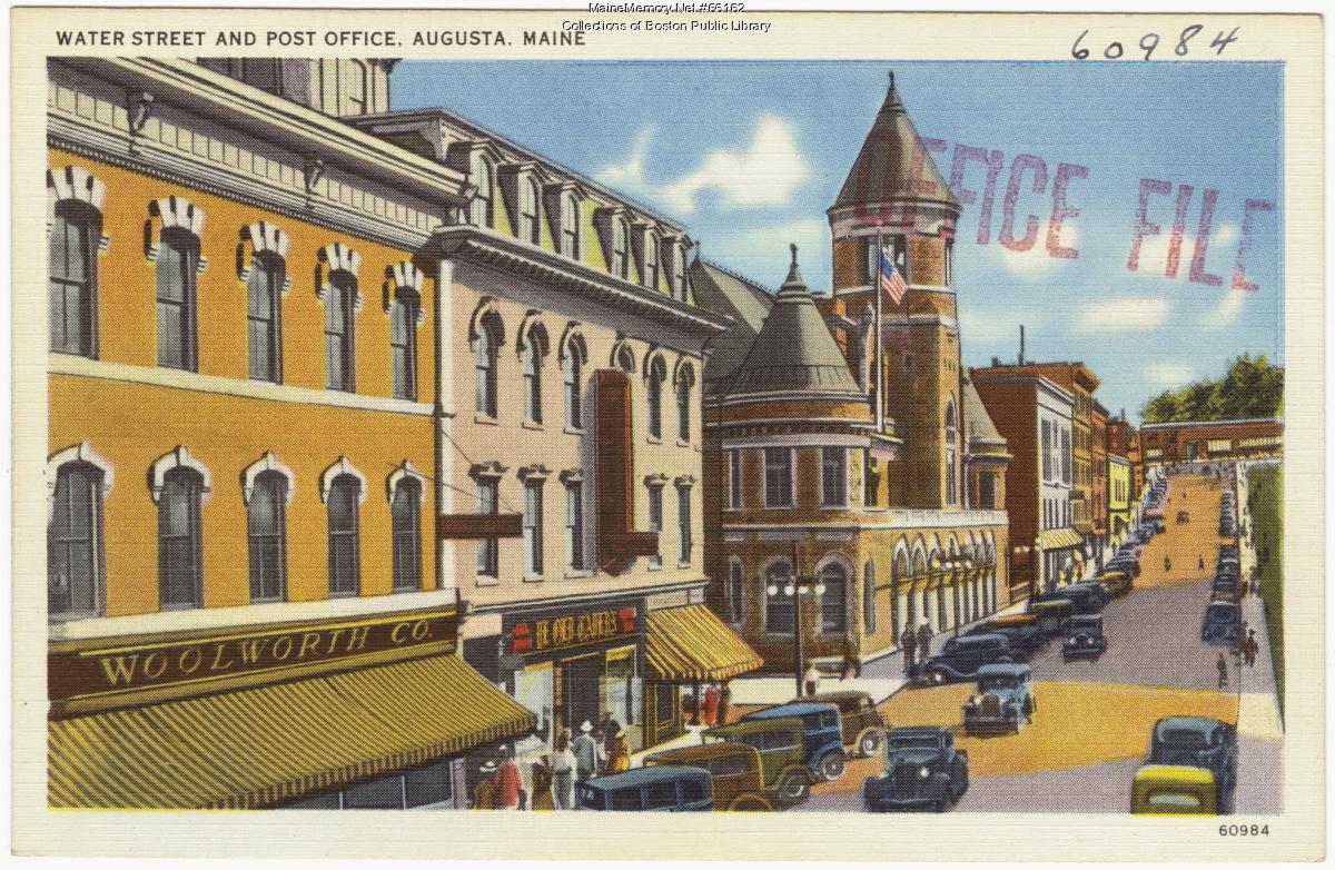 Water Street and post office, Augusta, ca. 1938 - Maine Memory Network