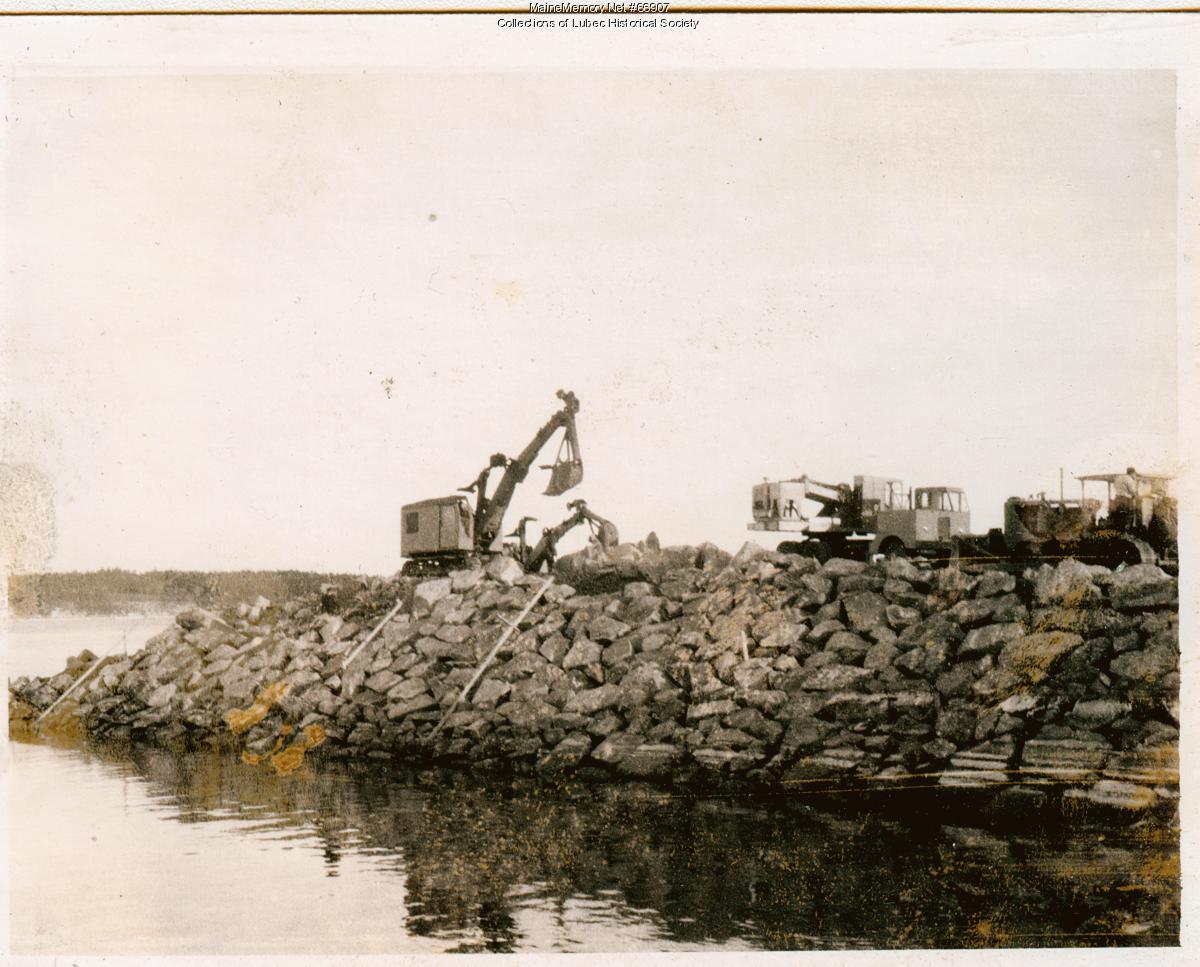 Riprap placement for bridge, Lubec, ca. 1961, 1961 - Maine Memory Network