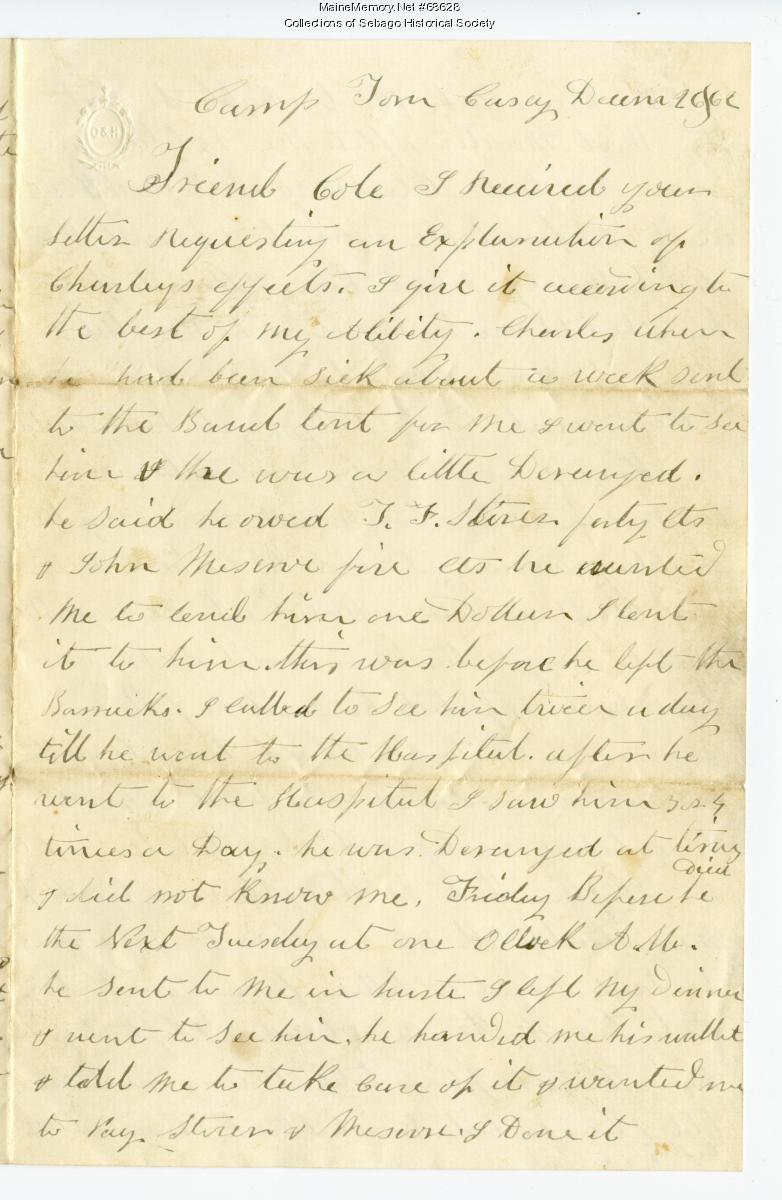 William Brown on Charles Cole's death, Washington, D.C., 1862 - Maine ...