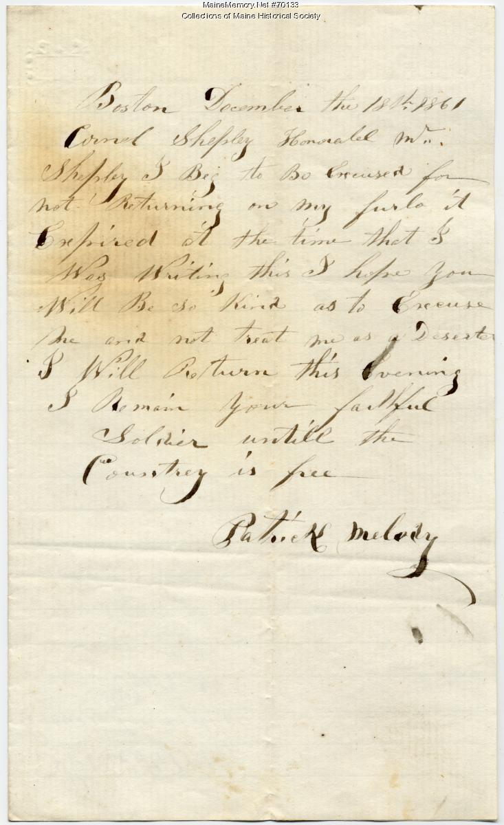 Soldier excuse for absence, Boston, 1861 - Maine Memory Network