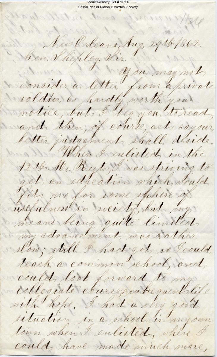 Letter from private seeking commission, New Orleans, 1861 - Maine ...