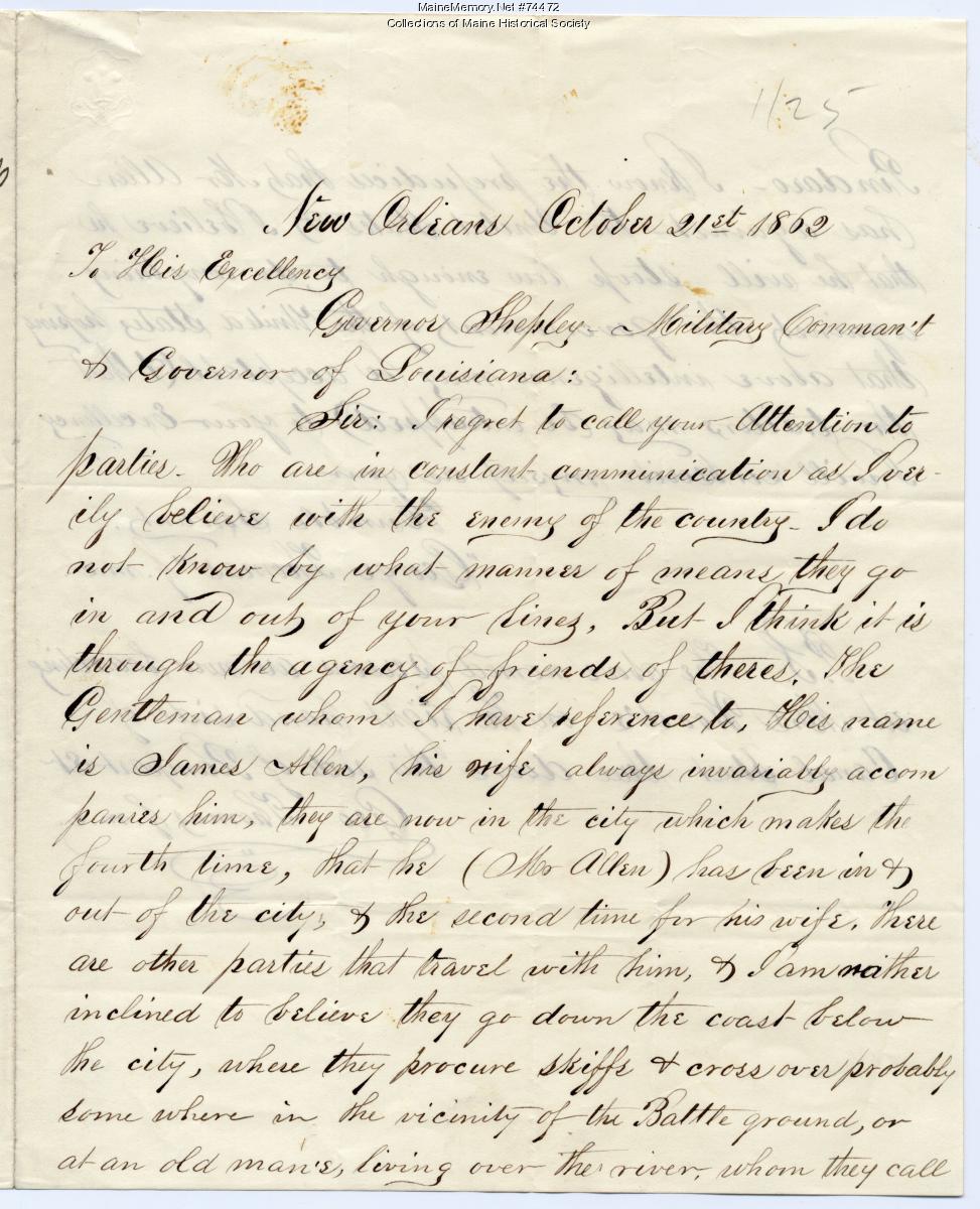 Letter to Gen. G.F. Shepley on 'enemies,' New Orleans, 1862 - Maine ...
