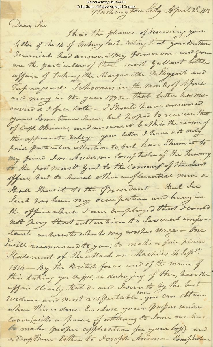 Letter recalling capture of Margaretta, Washington, D.C., 1818 - Maine ...