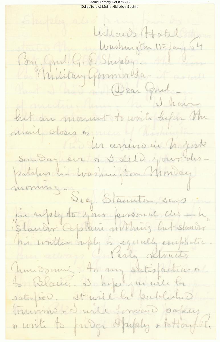 Capt. Thornton to Gen. Shepley on private matter, Washington, 1864 ...