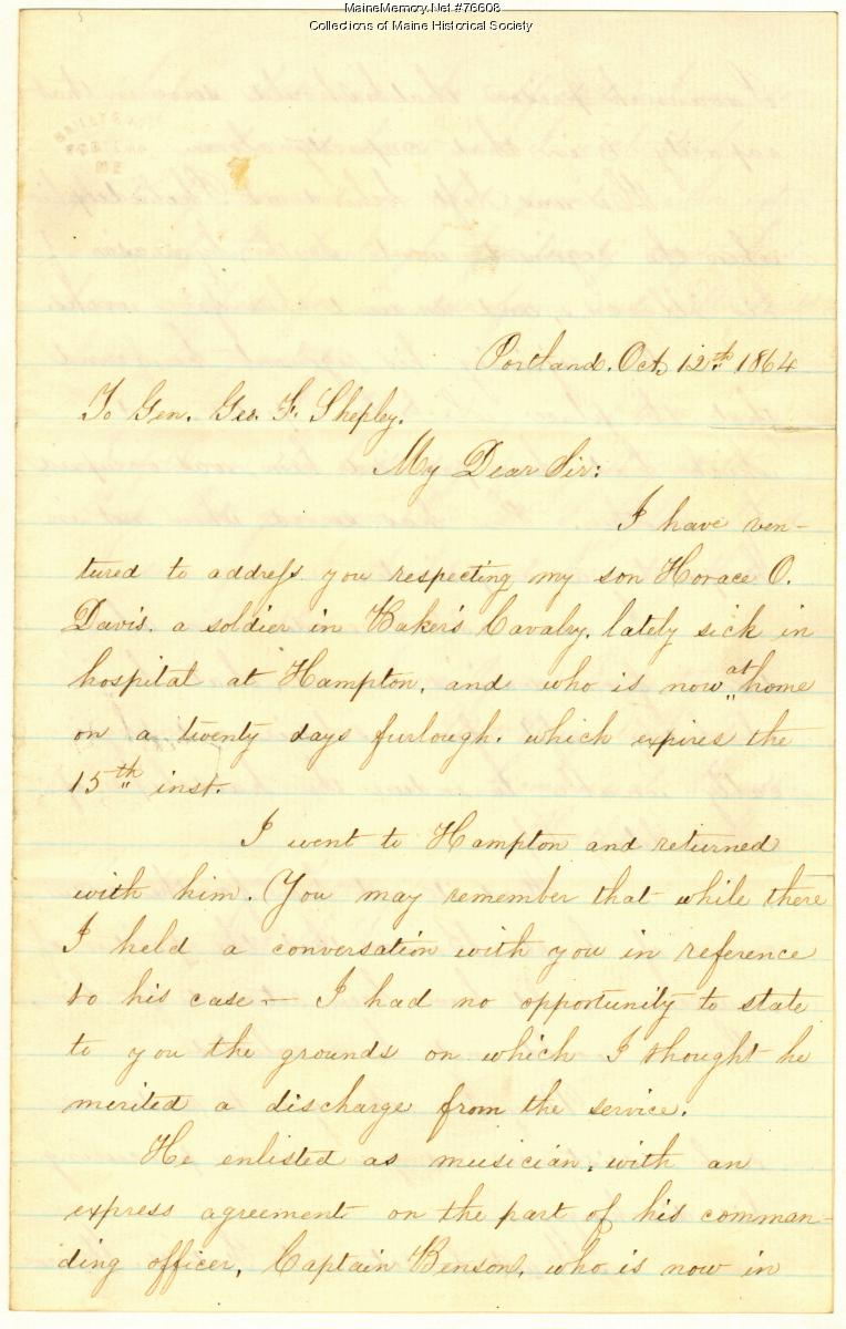 Mary Davis request for son's discharge, Portland, 1864 - Maine Memory ...
