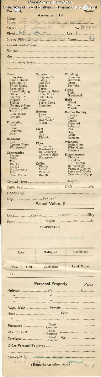 Assessor's Record, 18-62 St. James Street, Portland, 1924 - Maine ...