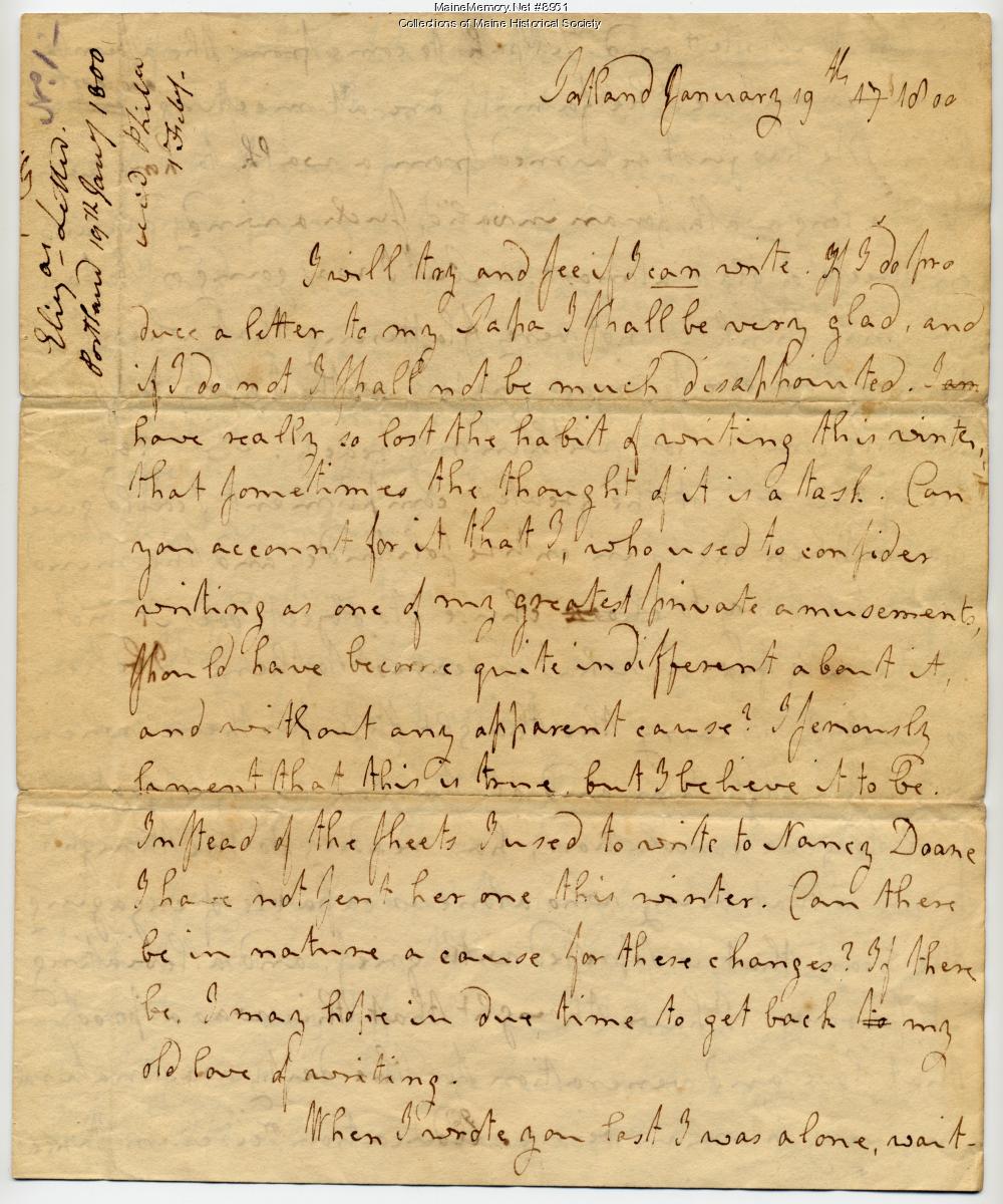 Letter from Elizabeth Wadsworth to her father, Peleg Wadsworth, 1800 ...